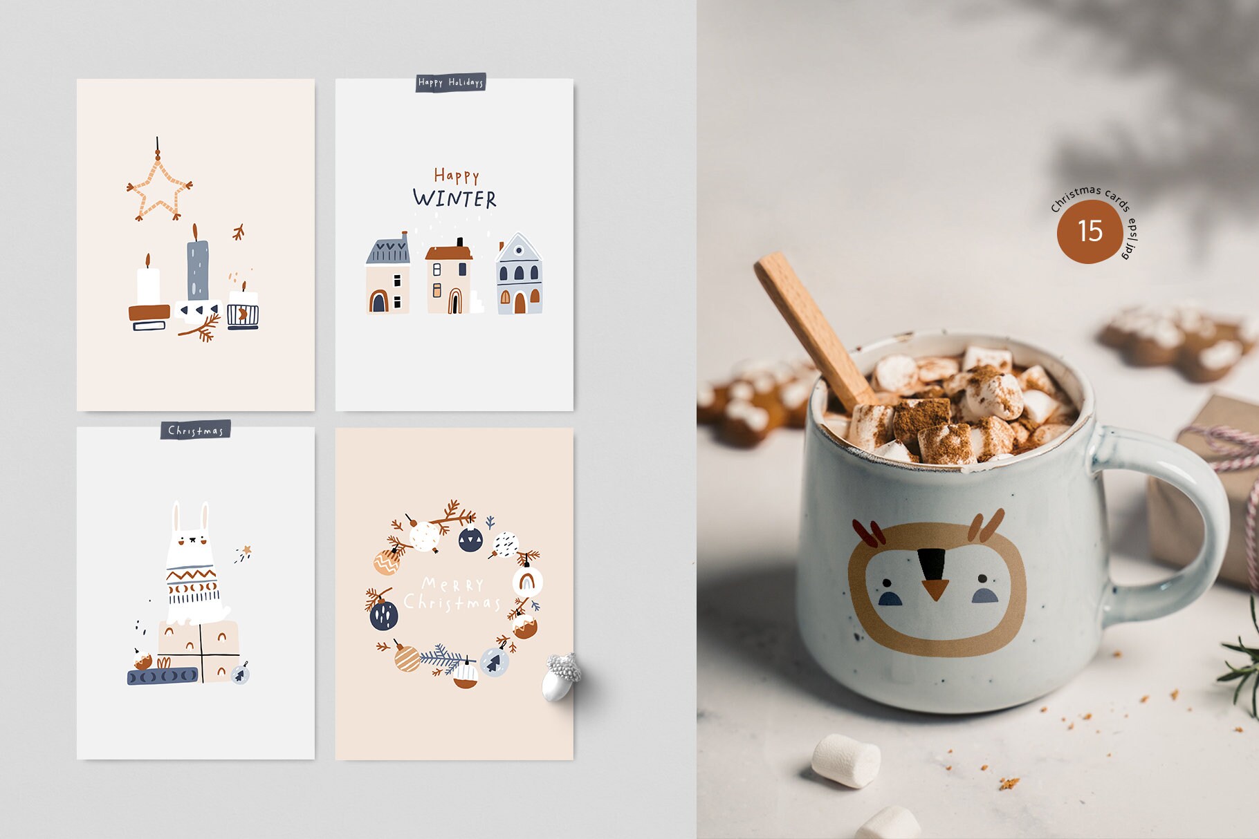 Boho Christmas Printable Cards, Holiday Cards Set, Digital Christmas ...