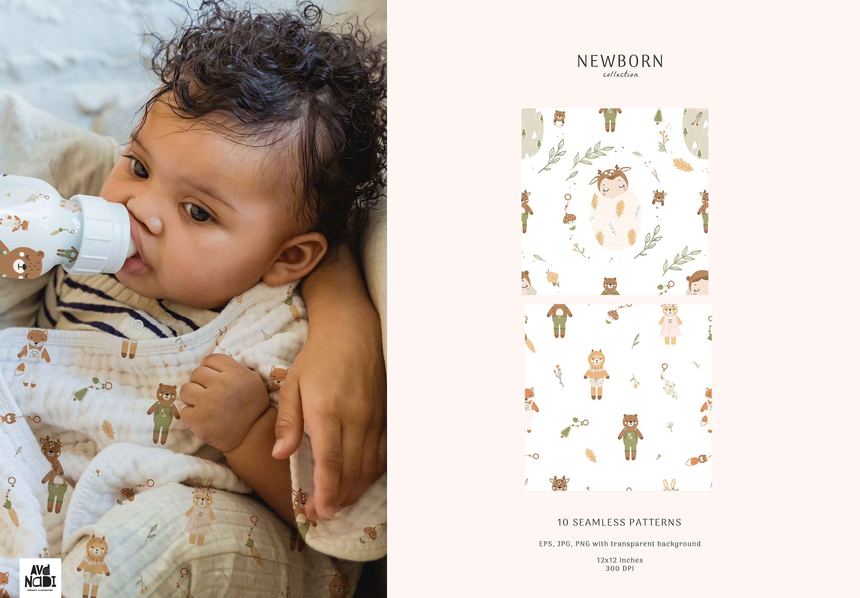 Newborn Baby Digital Paper Pack, Baby Boy Seamless Pattern, Woodland ...