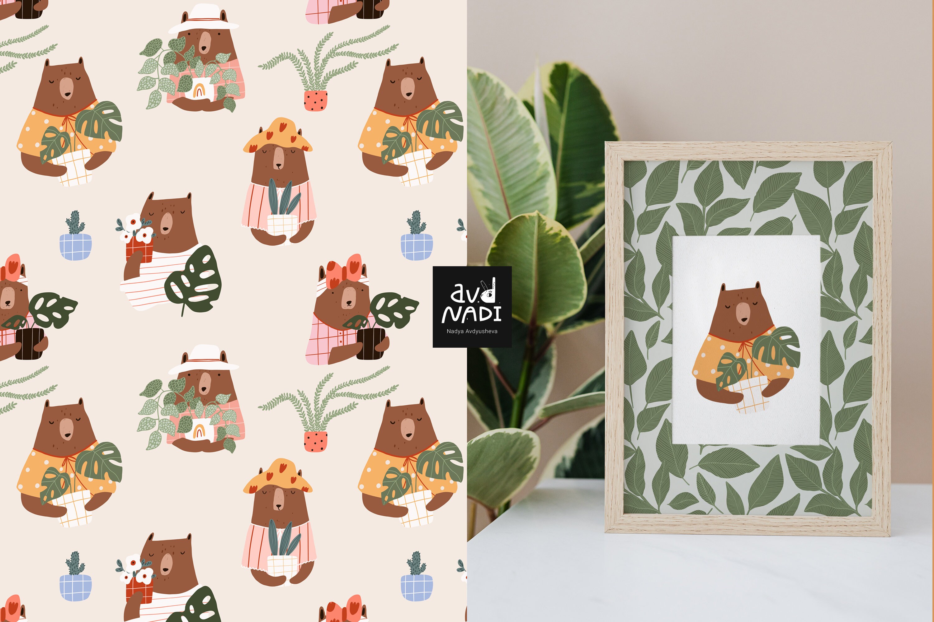 Bear and Plants Digital Paper, House Plant Seamless Pattern, Plant Mom ...