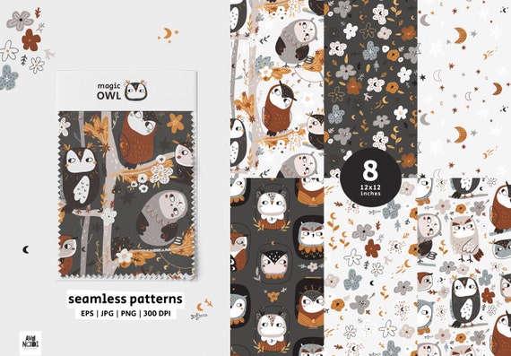 Magic Owl Digital Paper Pack Owl Seamless Pattern Floral - Etsy