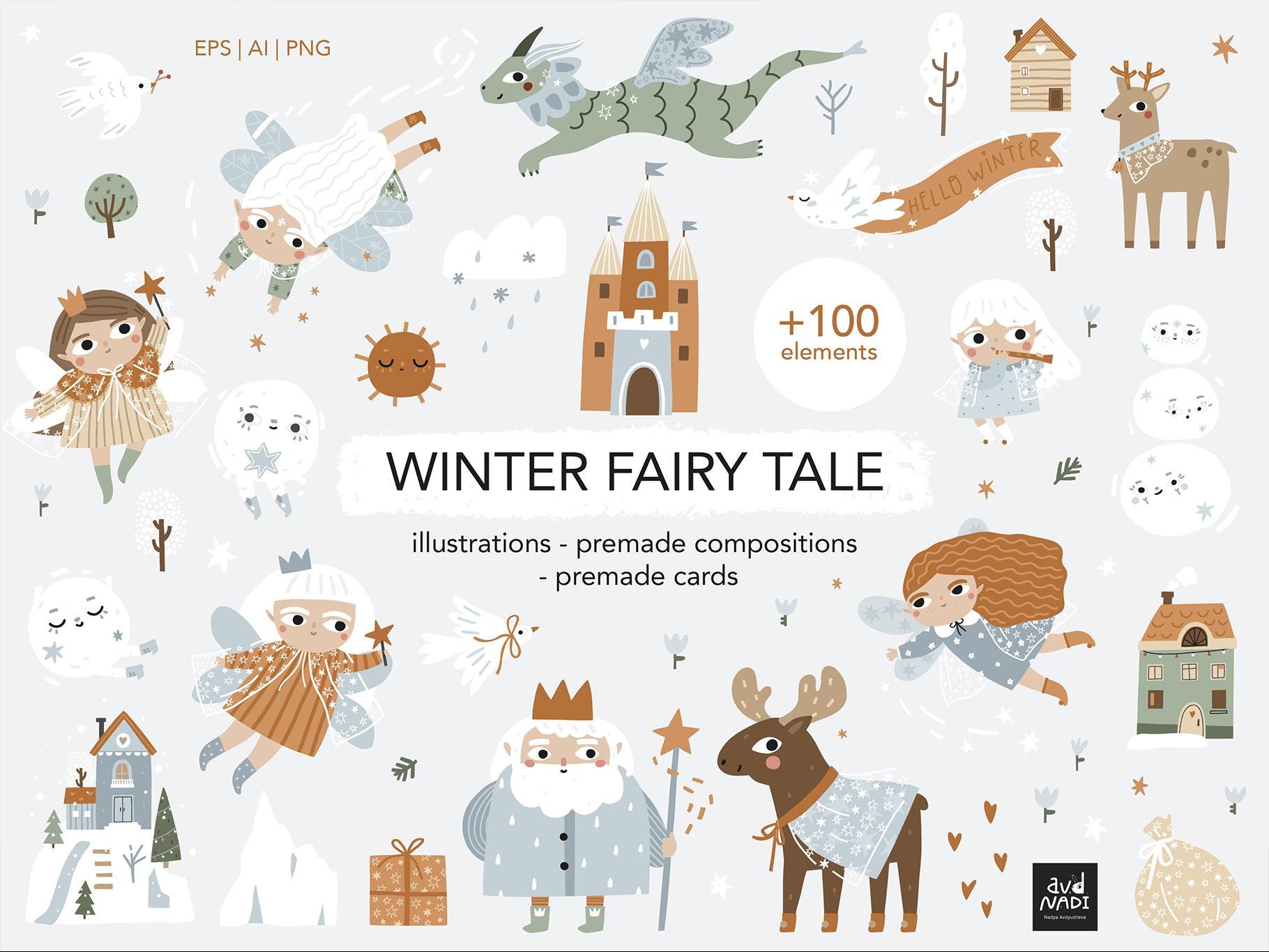 Winter Fairy Tale Clipart Set and Premade Cards, Winter Wonderland ...