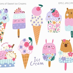 Cute Ice Cream Clipart Set, Kawaii Animal Ice Cream, Summer Ice Cream ...