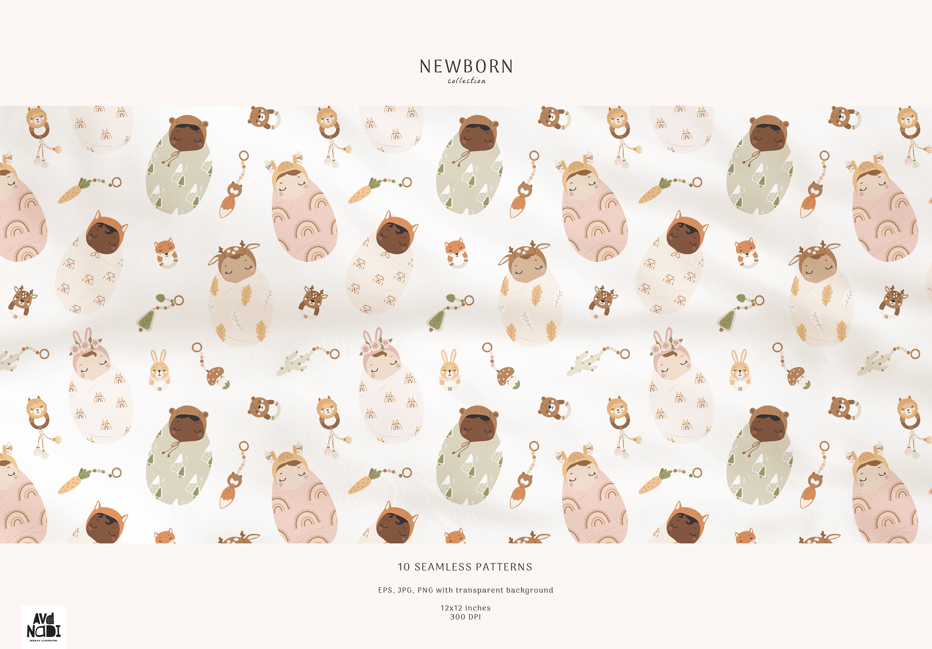 Newborn Baby Digital Paper Pack, Baby Boy Seamless Pattern, Woodland ...