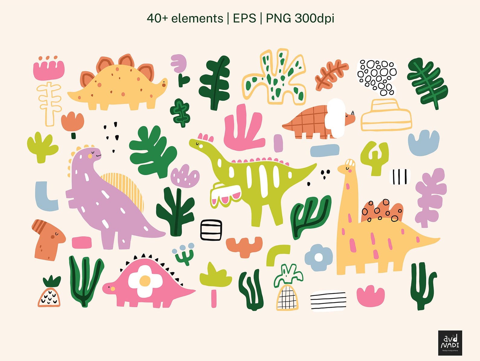 Cute Dino Clipart Set | 40 Dinosaur Pngs for Kids Stickers, Nursery Art ...