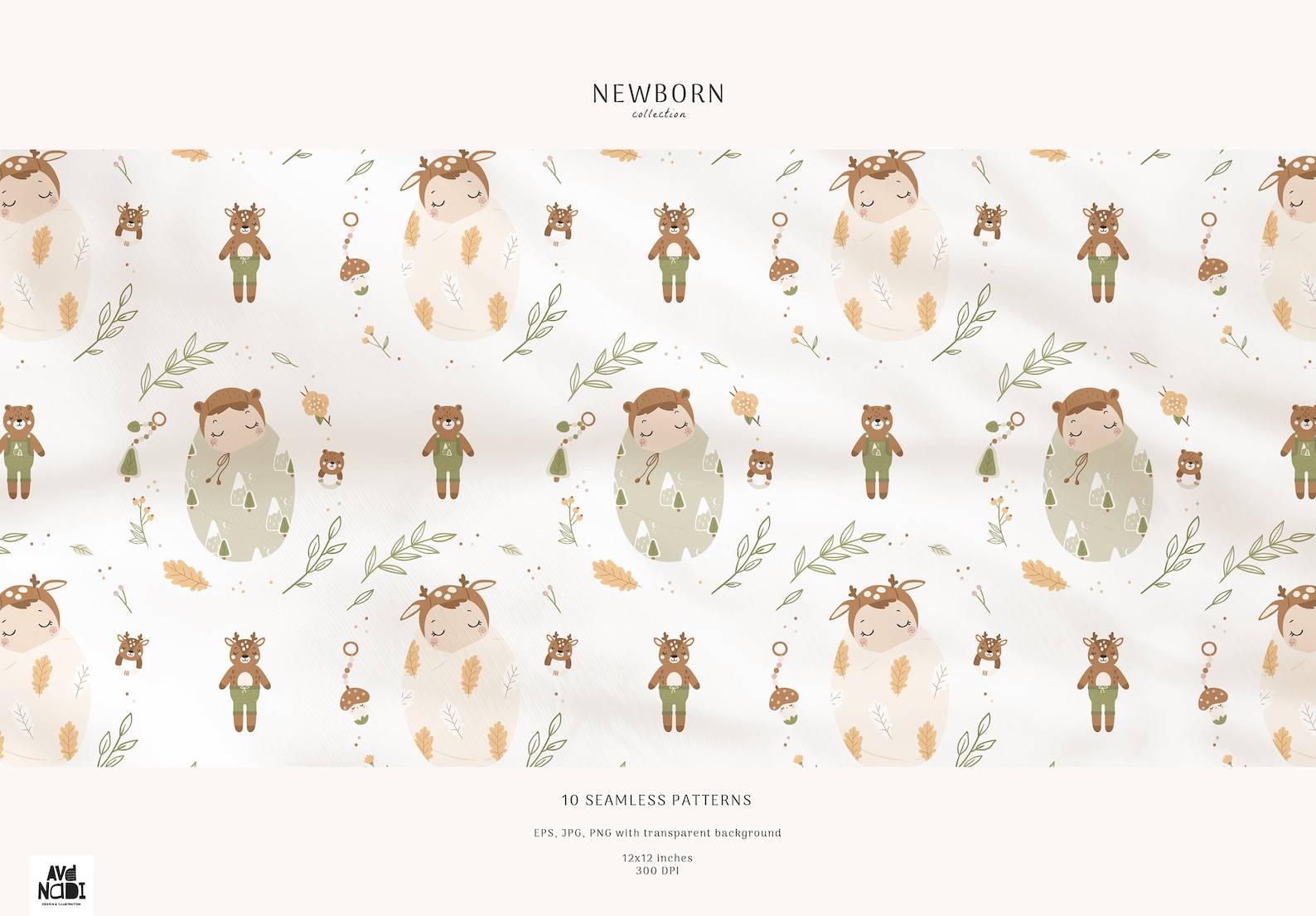 Newborn Baby Digital Paper Pack, Baby Boy Seamless Pattern, Woodland ...