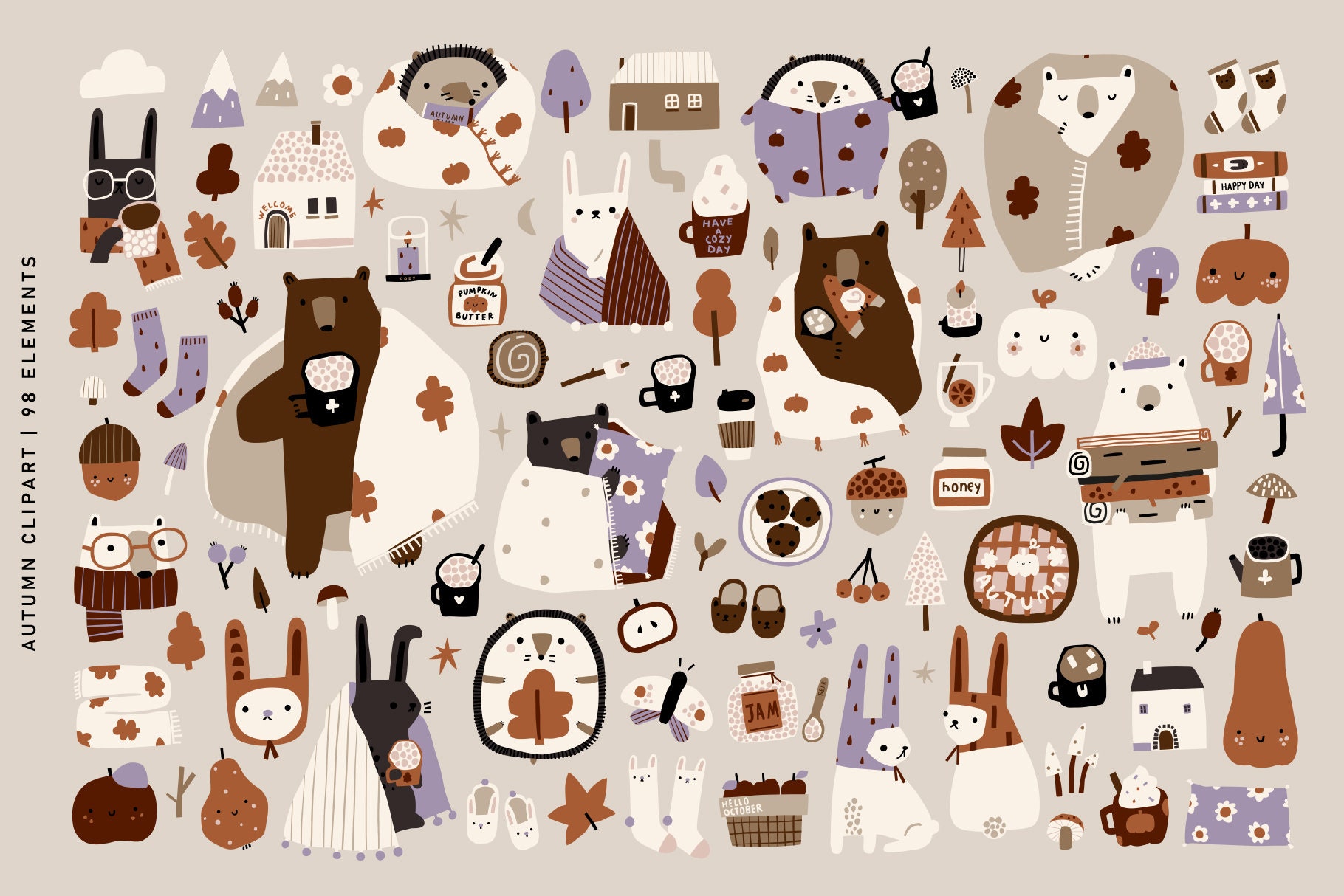 Cozy Autumn Clipart and Fall Seamless Patterns, Forest Animals Cliart ...