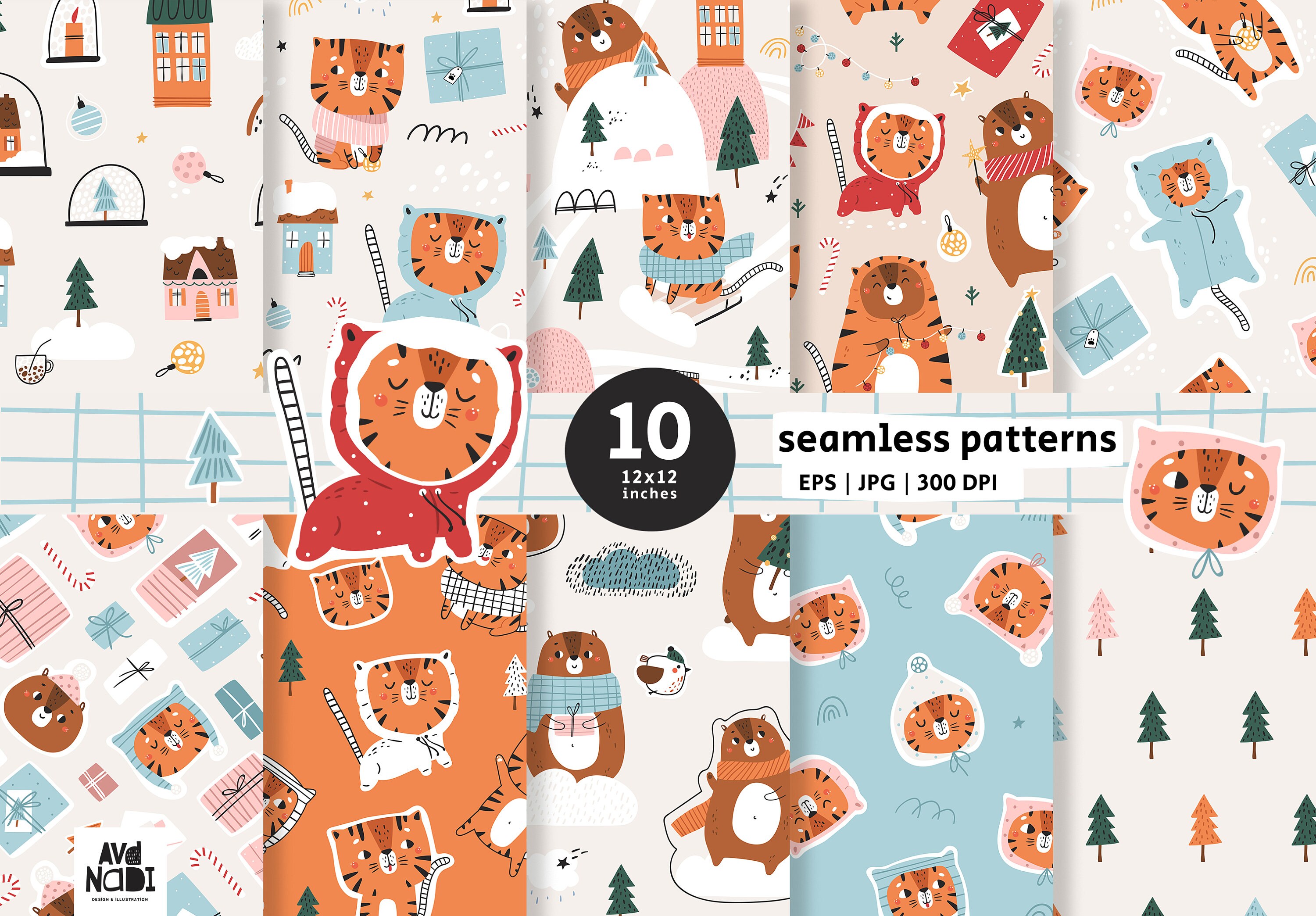 Christmas Tiger Seamless Pattern, Funny Christmas Digital Paper, Winter ...
