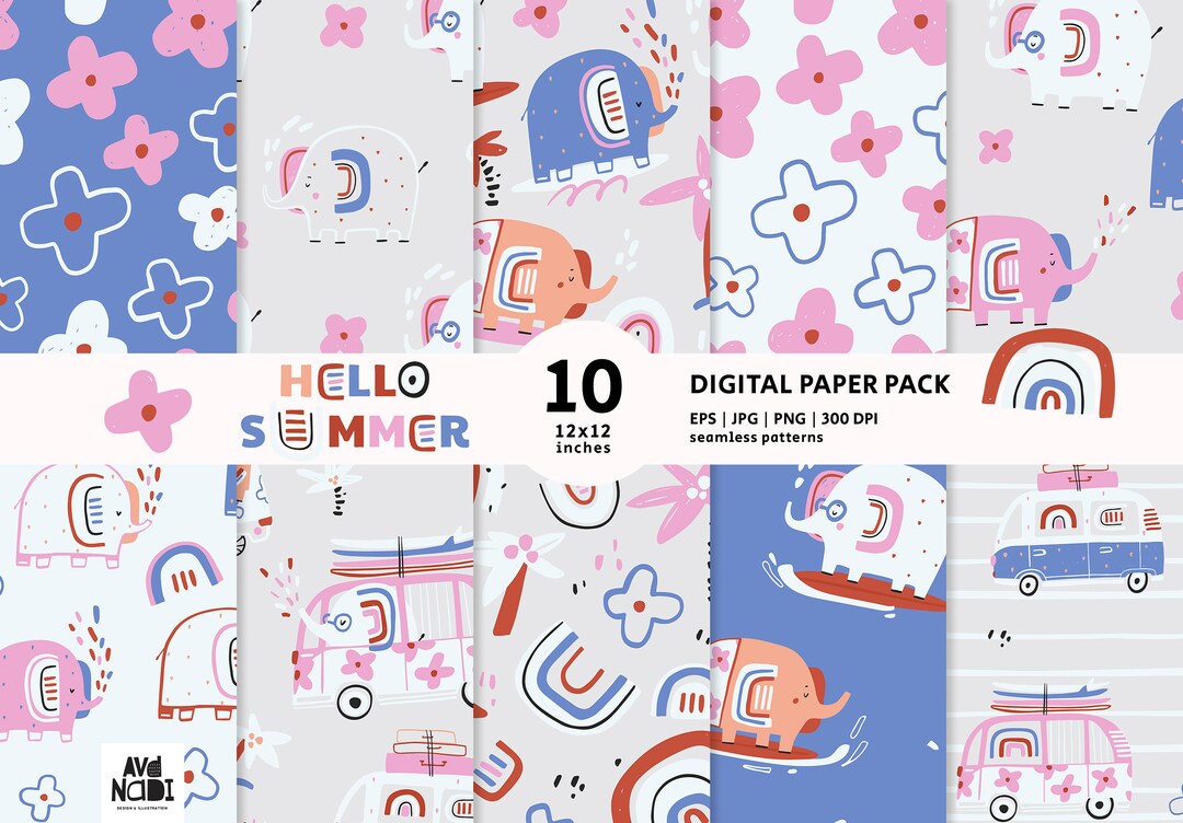 Summer Digital Paper Pack, Elephant Seamless Pattern, Printable Beach ...
