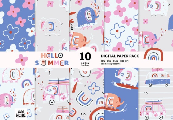Summer Digital Paper Pack Elephant Seamless Pattern | Etsy