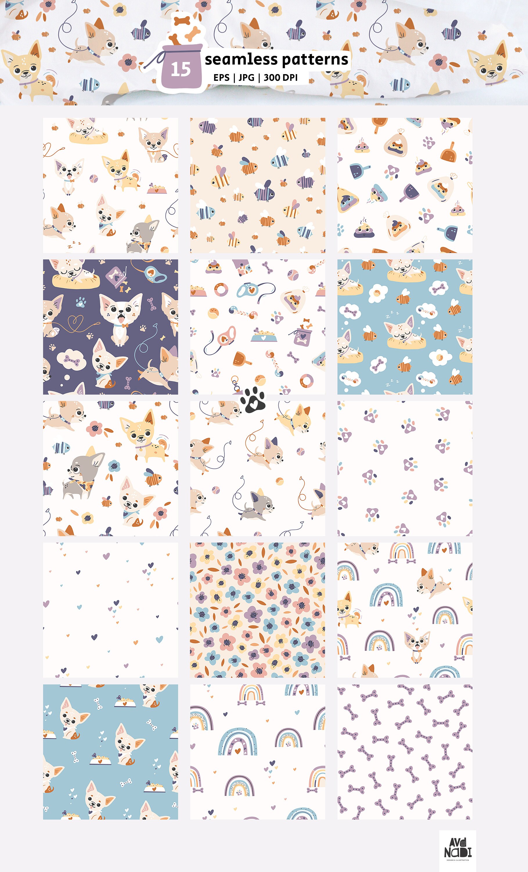 Dog Seamless Pattern, Pet Digital Paper, Chihuahua Art, Animal Digital ...