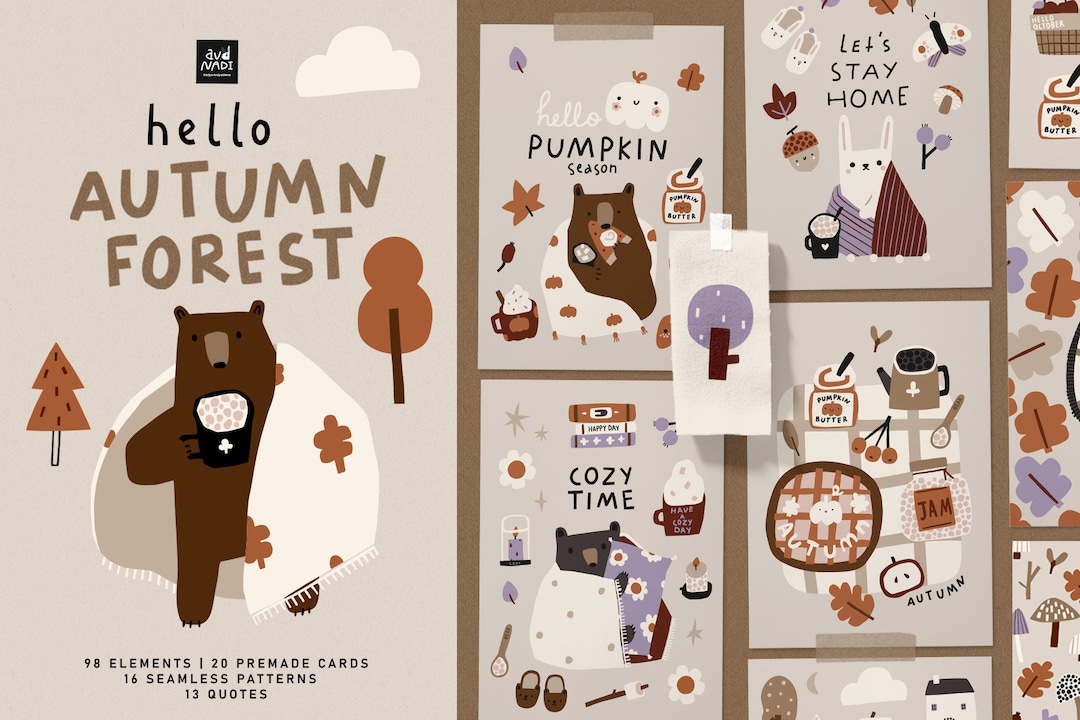 Cozy Autumn Clipart and Fall Seamless Patterns, Forest Animals Cliart ...