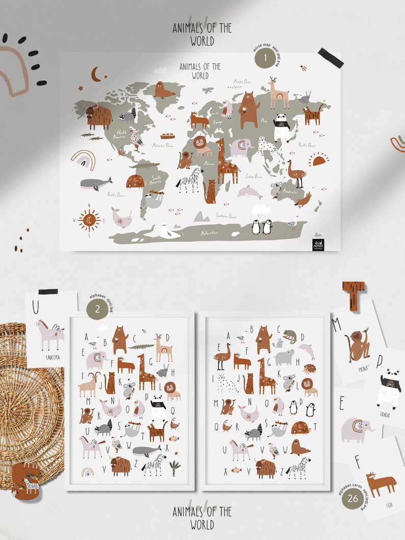 Kids World Map & Animals Clipart, Animal Alphabet Printable, Nursery ...