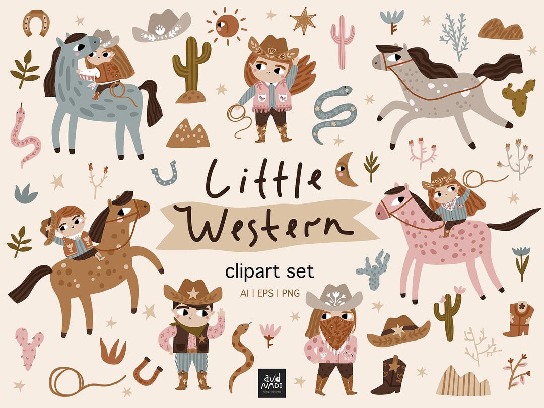 Little Western Kids Clipart – Cute Cowboys, Cowgirls, Horses & Cacti - Etsy