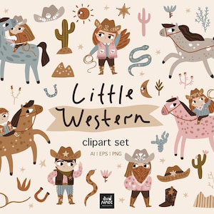 Little Western Kids Clipart – Cute Cowboys, Cowgirls, Horses & Cacti - Etsy