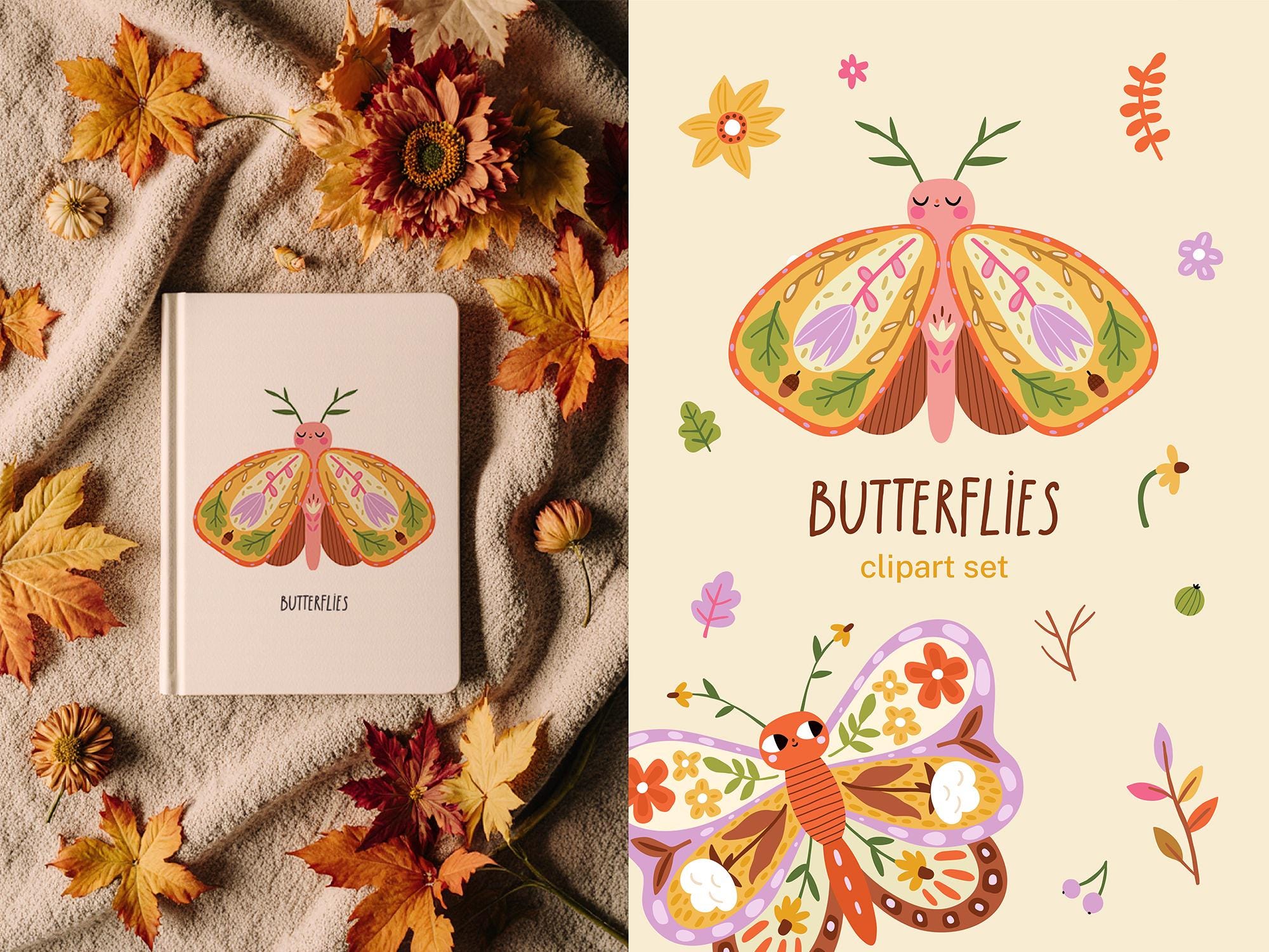 Autumn Butterfly Clipart Set, Boho Folk Butterflies PNG, Cute Fall ...
