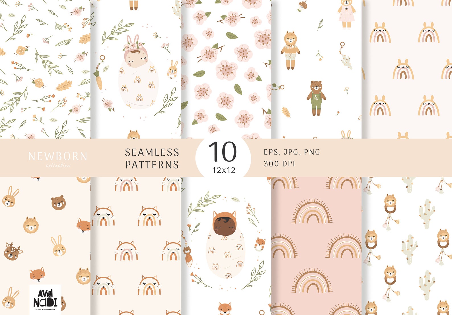 Newborn Digital Paper Pack Baby Seamless Pattern Floral - Etsy