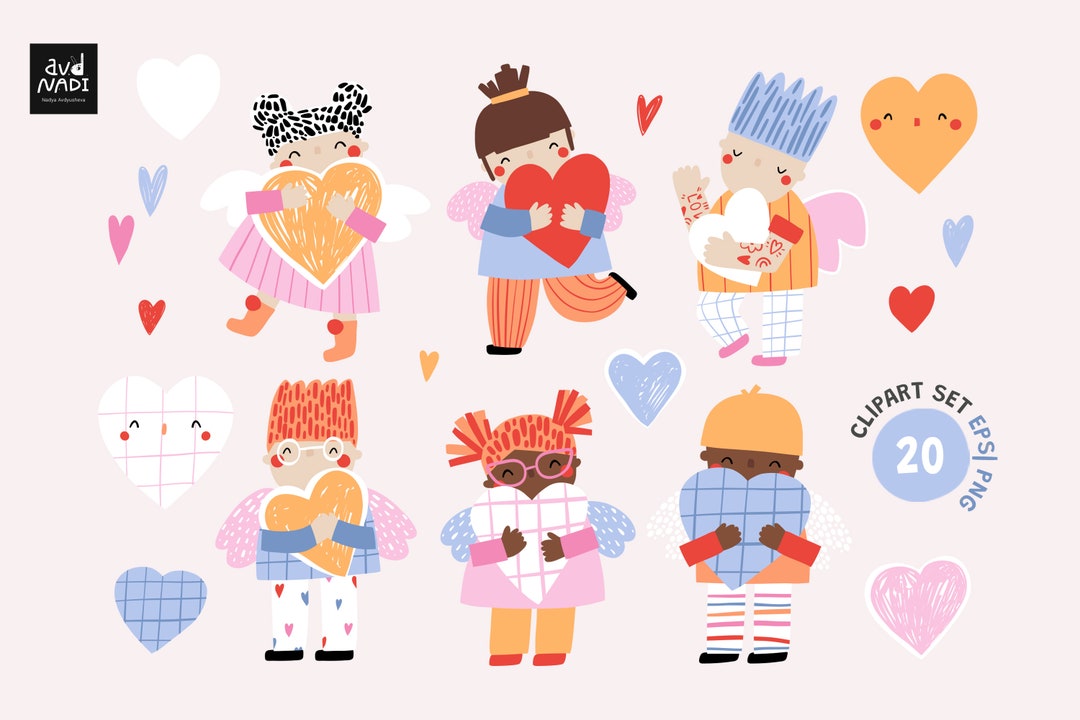 Colorful Kids Valentine Clipart Set, Valentine Png, Heart Png ...