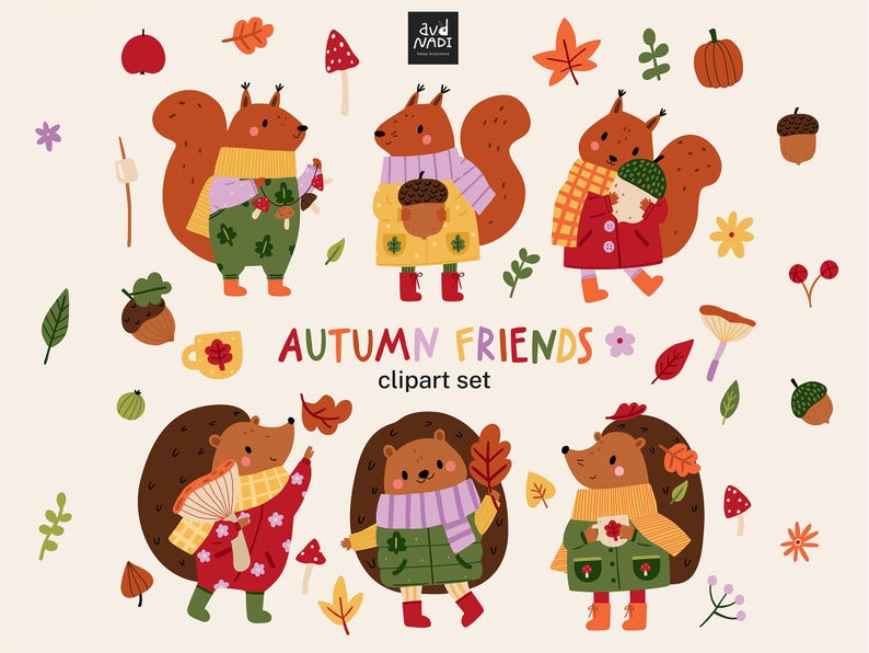 Autumn Animals Clipart Set, Cute Woodland Squirrels and Hedgehogs, Fall ...