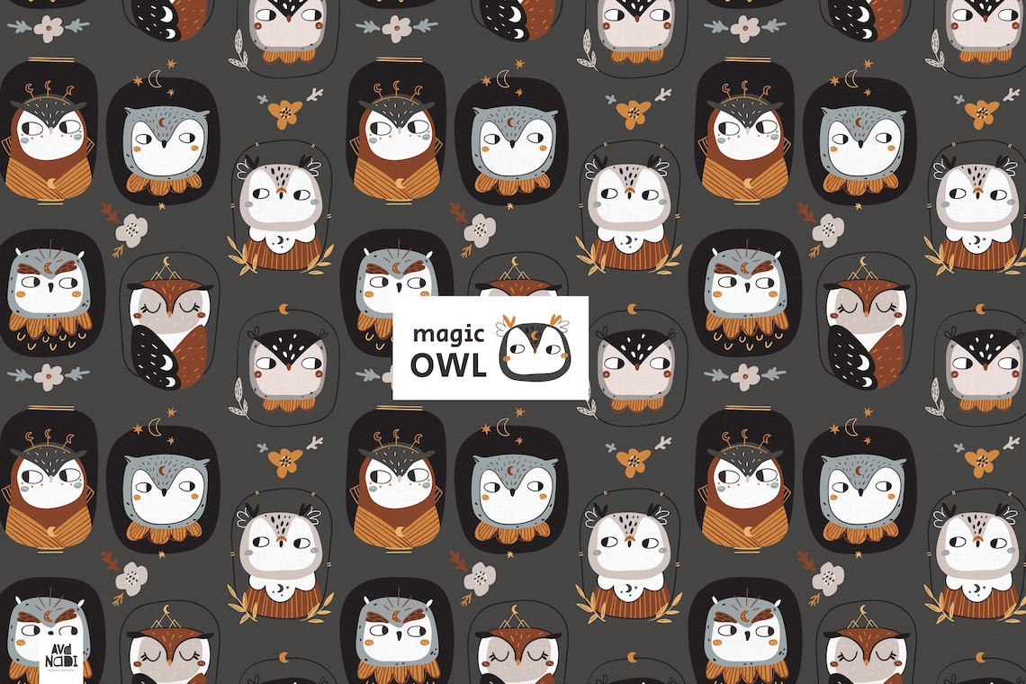 Magic Owl Digital Paper Pack Owl Seamless Pattern Floral - Etsy