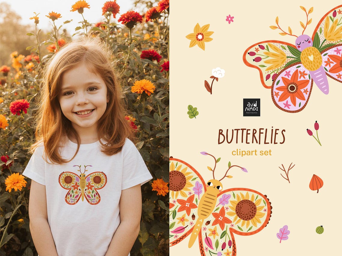 Autumn Butterfly Clipart Set, Boho Folk Butterflies PNG, Cute Fall ...