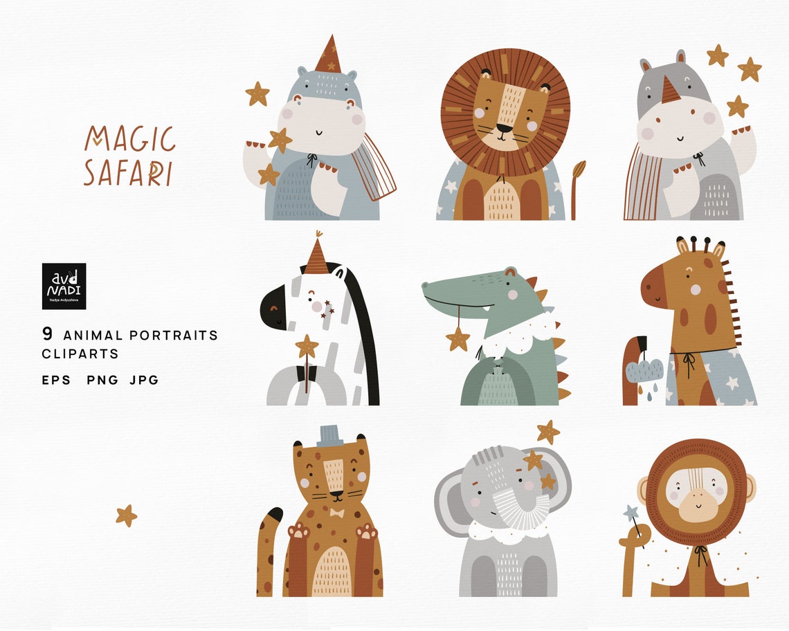 Safari Animals Clipart Set, Cute Baby Animals Png, Leopard Png, Lion ...