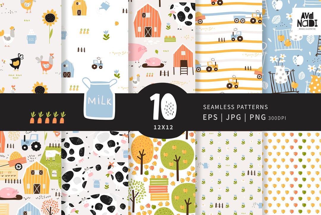 Farm Seamless Pattern, Farm Animal Digital Paper, Kids Paper Pack, Cute ...