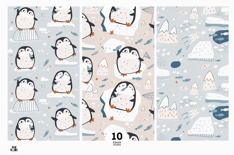 Cute Penguin Digital Paper Pack, Arctic Animal Seamless Pattern, Winter ...