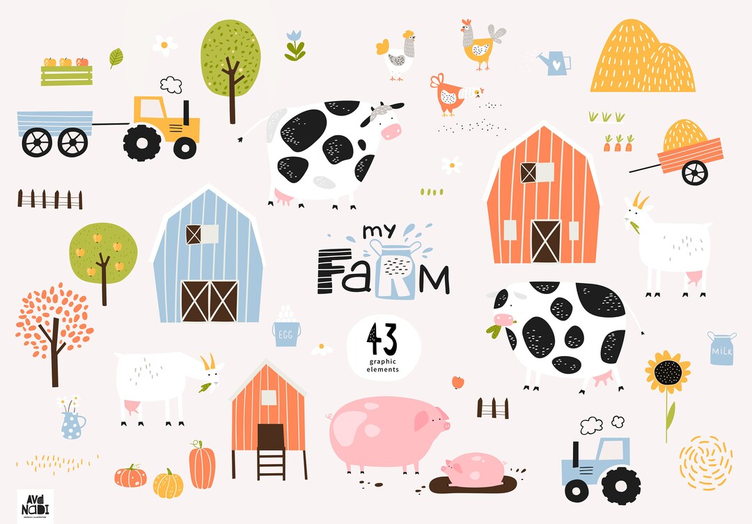 Farm Clipart Set, Farm Animals Clipart, Cute Farm, Cow, Pig, Goat ...