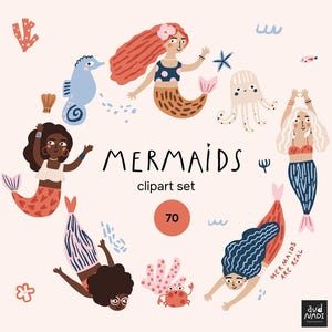 Mermaid Clipart Set, Cute Mermaid Illustrations, Sea Animals PNG ...