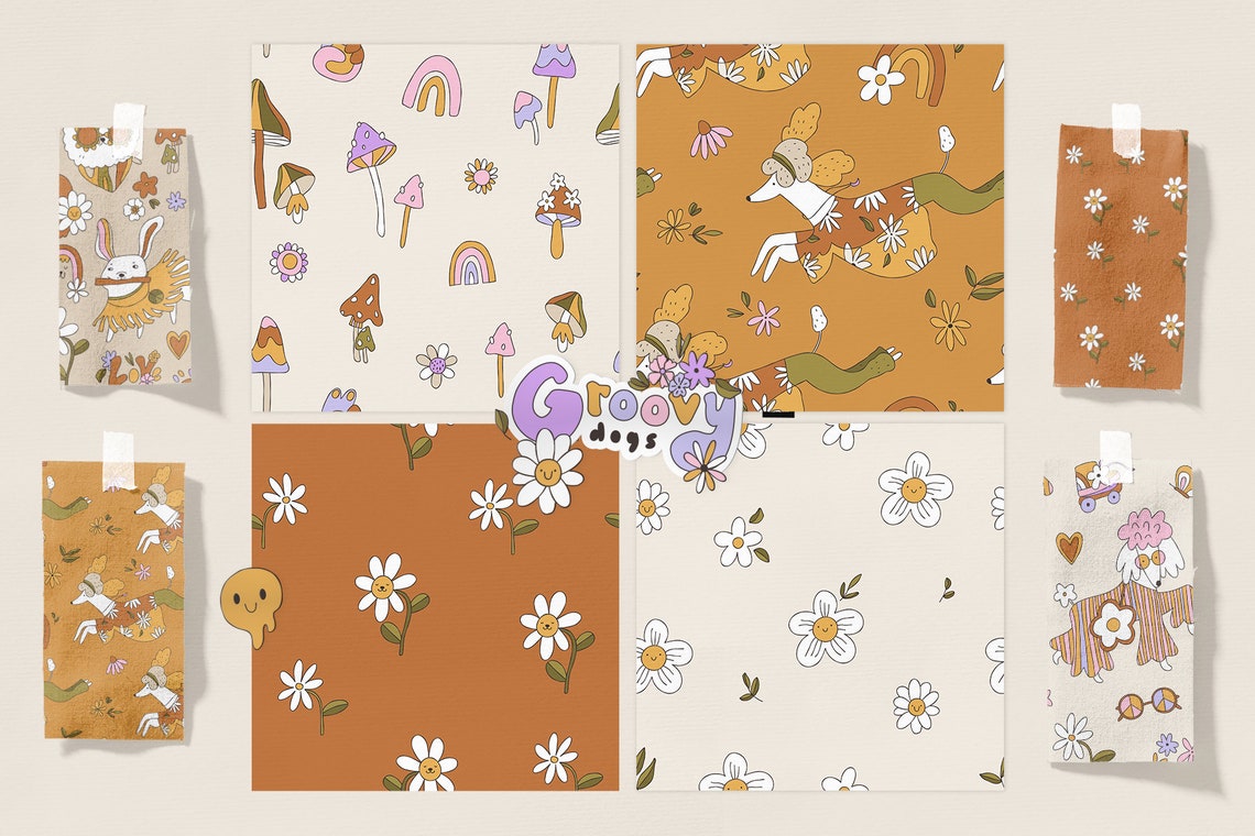 Groovy Retro Dogs Clipart Bundle and Seamless Patterns, Dog Png, Retro ...