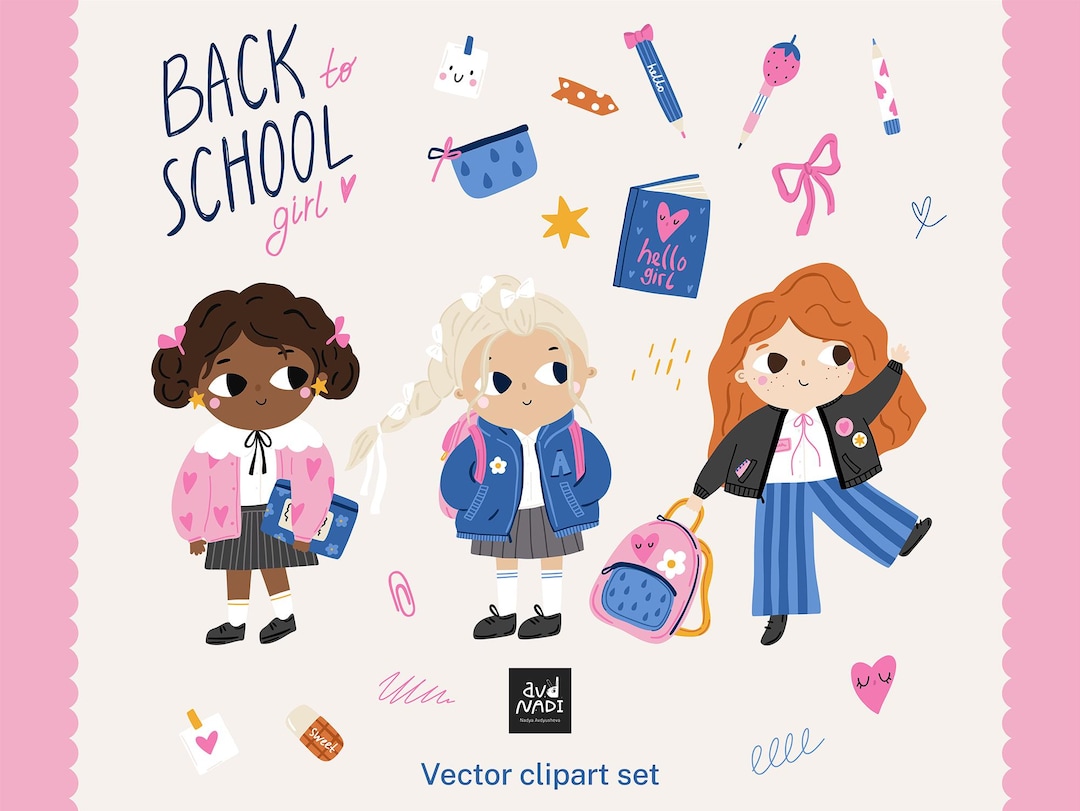 Back to School Girls Clipart | Cute Schoolgirl PNG & Vector Set ...