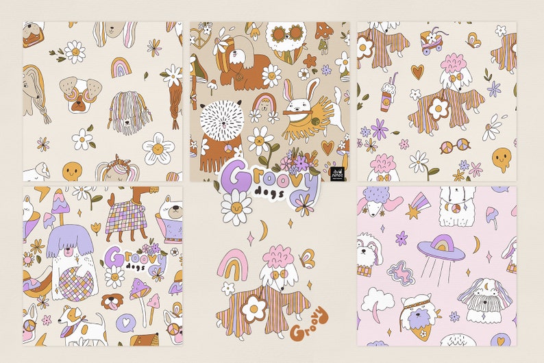 Groovy Retro Dogs Clipart Bundle and Seamless Patterns, Dog Png, Retro ...