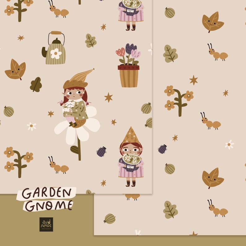 Autumn Garden Gnomes Seamless Patterns, Cute Gnomes Digital Paper ...