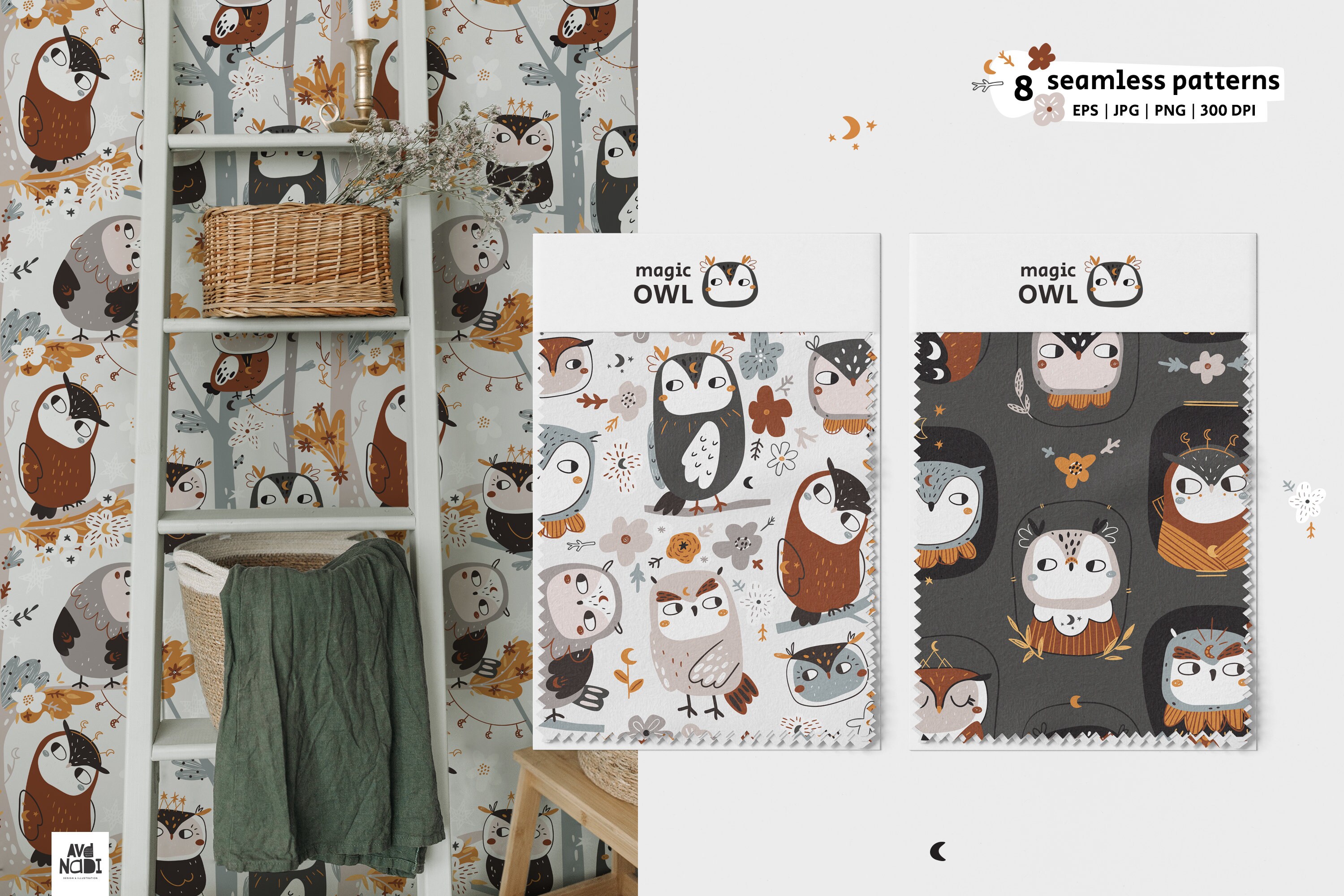 Magic Owl Digital Paper Pack, Owl Seamless Pattern, Floral Digital ...