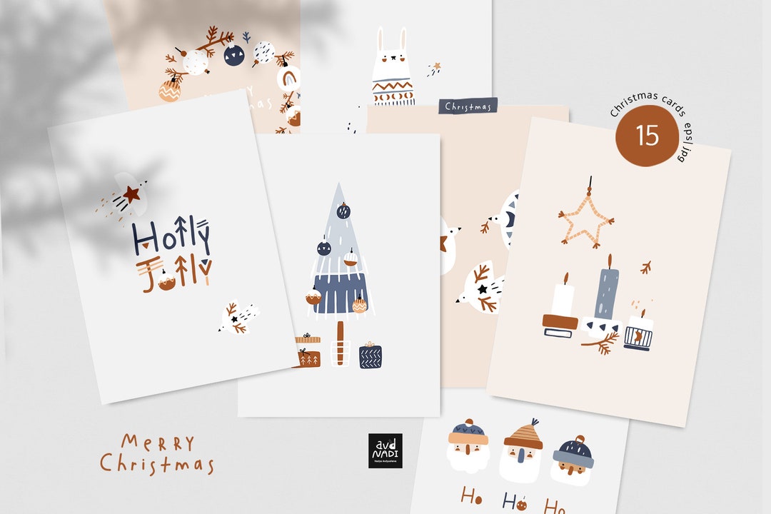Boho Christmas Printable Cards, Holiday Cards Set, Digital Christmas ...