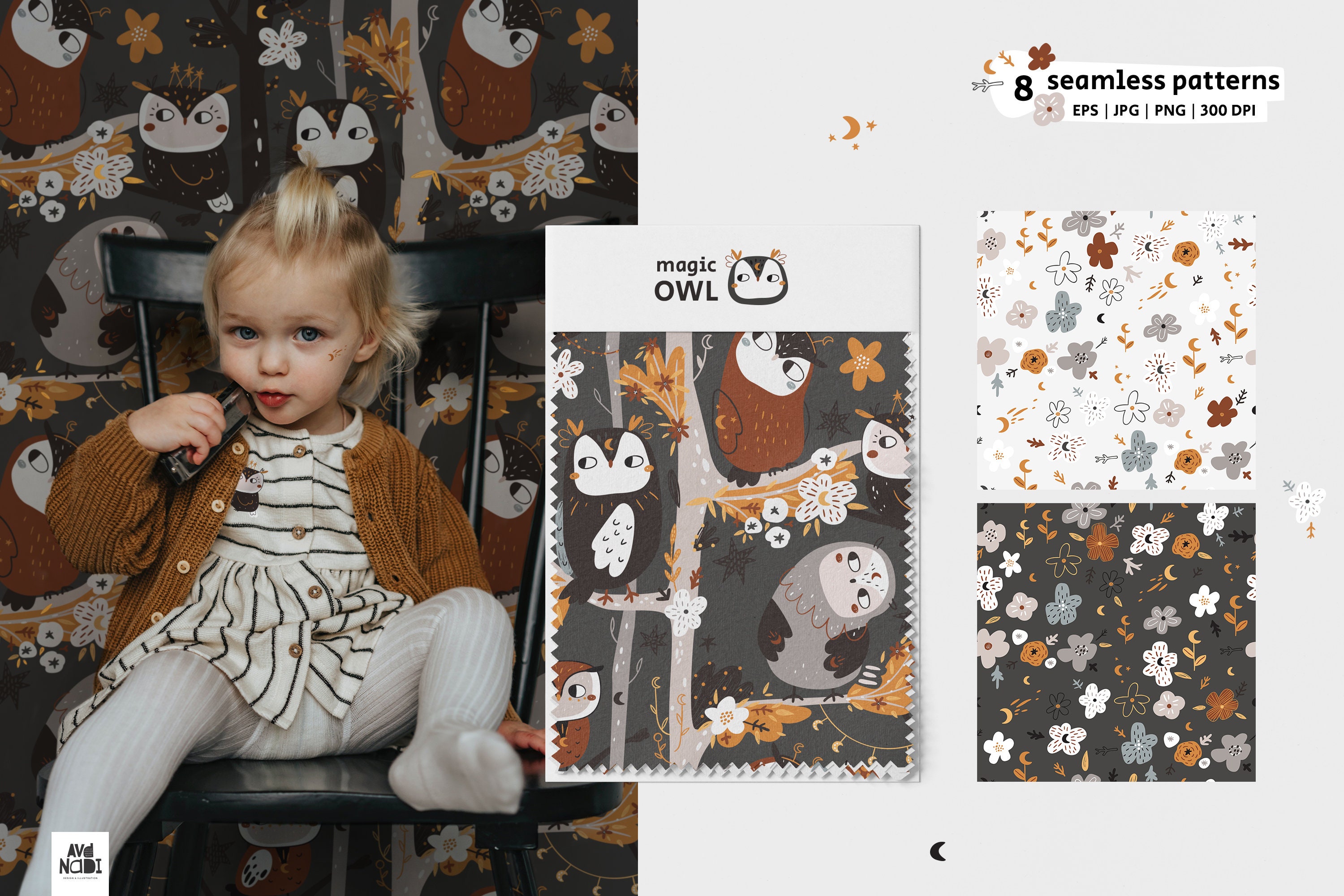 Magic Owl Digital Paper Pack, Owl Seamless Pattern, Floral Digital ...