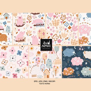 Funny Farm Digital Paper Pack, Farm Animals Seamless Pattern, Pig, Cow ...
