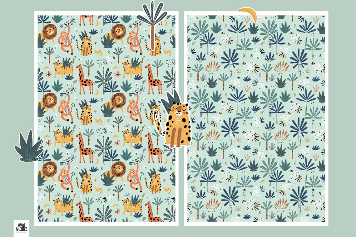 Safari Digital Paper Pack Jungle Animals Seamless Pattern | Etsy