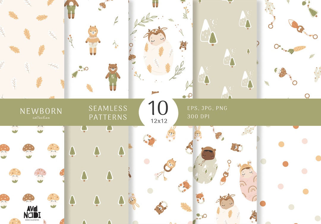 Newborn Baby Digital Paper Pack, Baby Boy Seamless Pattern, Woodland ...