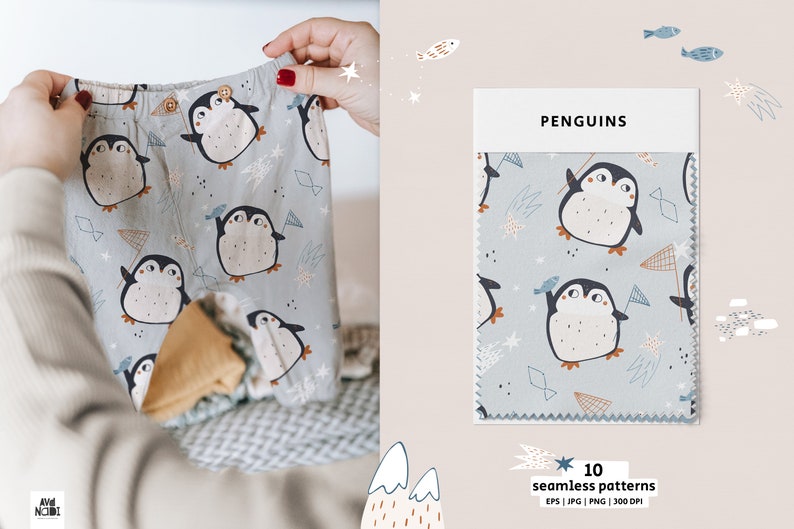 Cute Penguin Digital Paper Pack, Arctic Animal Seamless Pattern, Winter ...