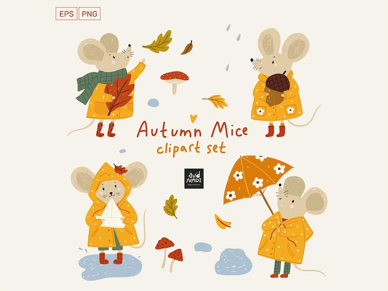 Autumn Mice Clipart | Cute Fall Animals in Raincoat | Woodland Mouse ...