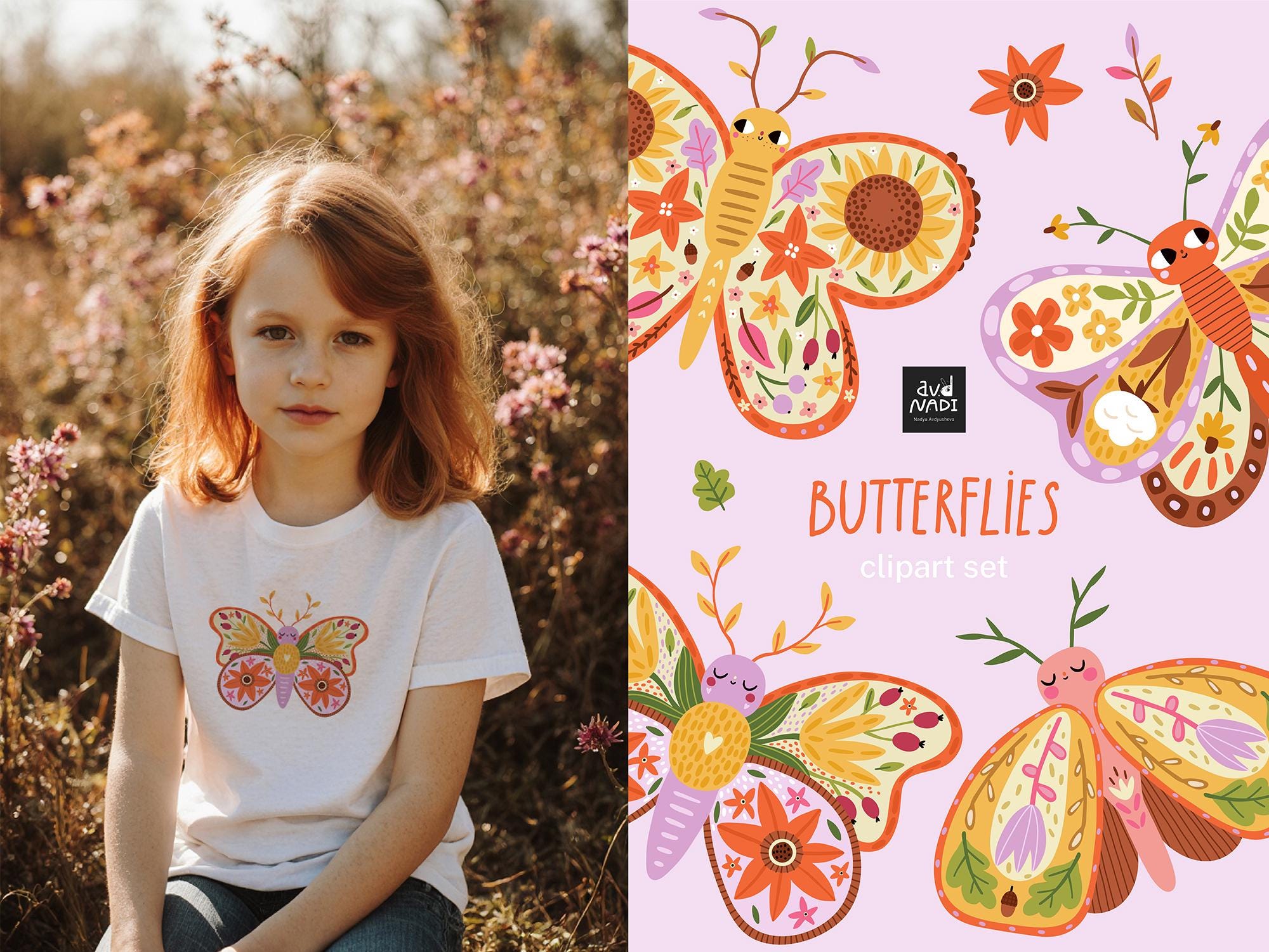 Autumn Butterfly Clipart Set, Boho Folk Butterflies PNG, Cute Fall ...