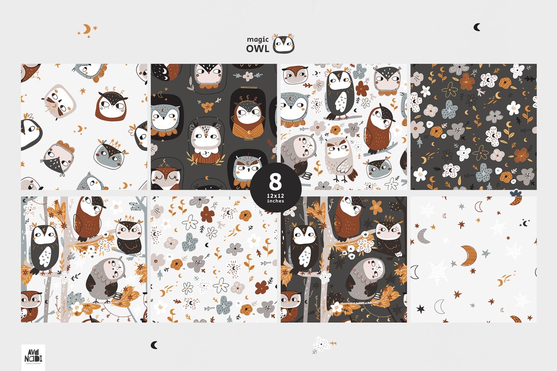Magic Owl Digital Paper Pack Owl Seamless Pattern Floral - Etsy