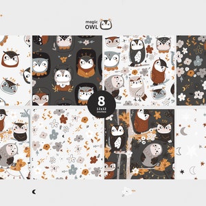 Magic Owl Digital Paper Pack, Owl Seamless Pattern, Floral Digital ...