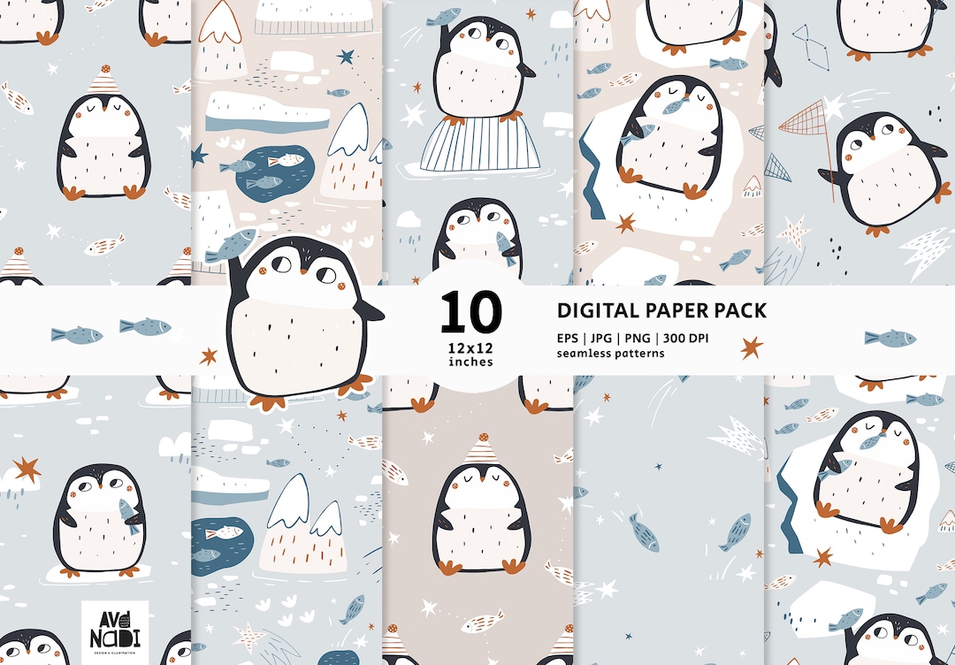 Cute Penguin Digital Paper Pack, Arctic Animal Seamless Pattern, Winter ...