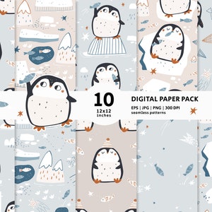Cute Penguin Digital Paper Pack, Arctic Animal Seamless Pattern, Winter ...