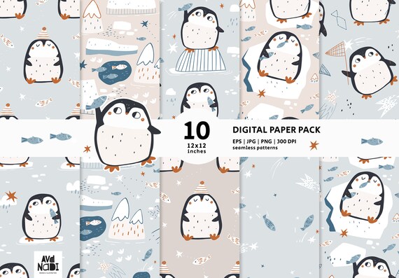 Cute Penguin Digital Paper Pack Arctic Animal Seamless | Etsy