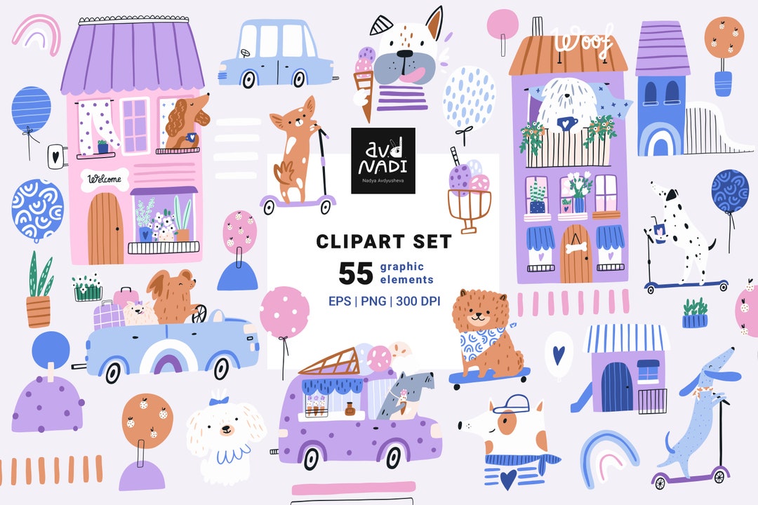 Dog Clipart Set, Dog Png, Animal Vector Clipart, Dog House Clipart, Pet ...