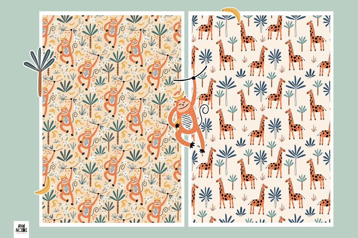 Safari Digital Paper Pack Jungle Animals Seamless Pattern | Etsy
