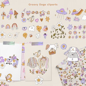 Groovy Retro Dogs Clipart Bundle and Seamless Patterns, Dog Png, Retro ...